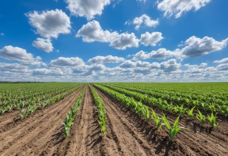 A Wide View of a Corn Field with Blue Sky and Clouds in the Background ...