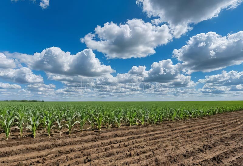 A Wide View of a Corn Field with Blue Sky and Clouds in the Background ...