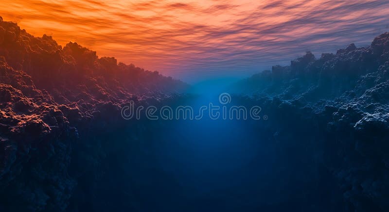 Vast Deep Ocean Valley with Dramatic Colorful Sunset Sky and Cloud ...