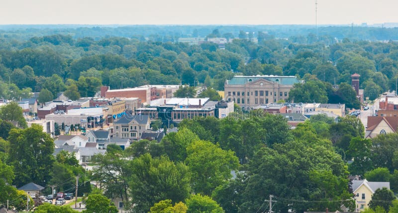 Wide View of Downtown Auburn Indiana with Courthouse in Back and Trees ...