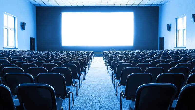 A Wide View of an Empty Cinema Hall with Rows of Seats Facing a Large ...