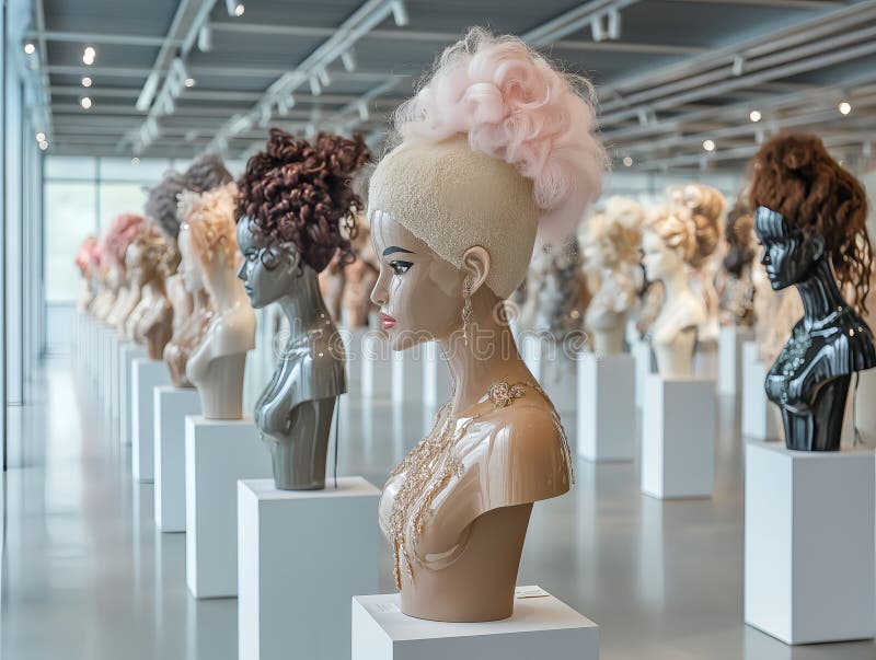 A Large Exhibition Hall Filled with Mannequin Heads Showcasing Wigs in ...