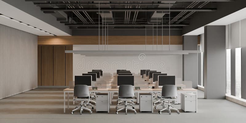 Wide View of a Large, Modern Open-plan Office with Multiple Rows of Empty Workstations and an ...