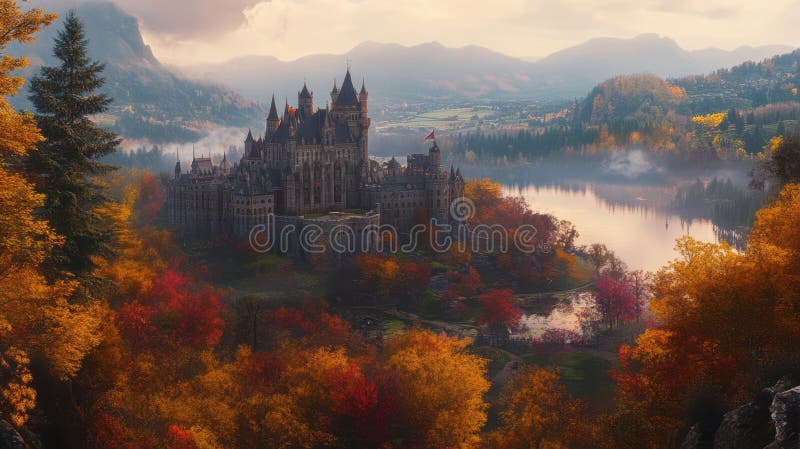 Wide View of a Medieval Castle Surrounded by Vibrant Trees Stock ...