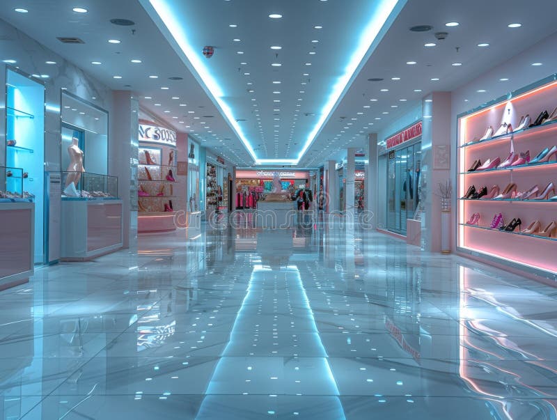Wide View of a Modern Shopping Mall Corridor with Various Stores and ...