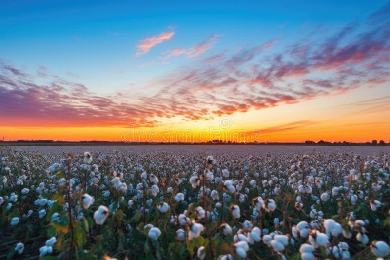 Wide View of an Organic Cotton Field at Sunset Stock Photo - Image of ...