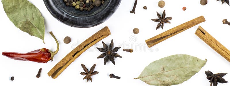 Wide View Pattern of Fragrant Spices on White Isolated, Top View Stock ...