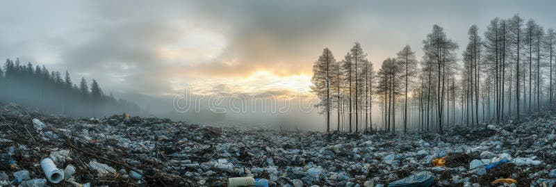 Wide View of Polluted Landscape with Plastic Waste and Trees at Sunset ...