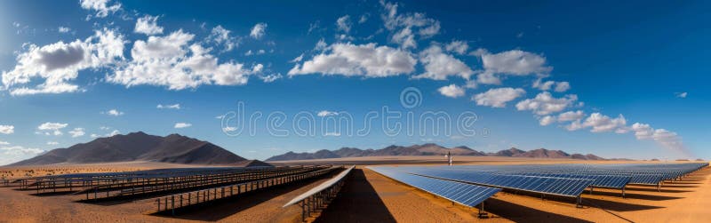 A Wide View of a Solar Panel Field in the Desert, with Mountains in the ...