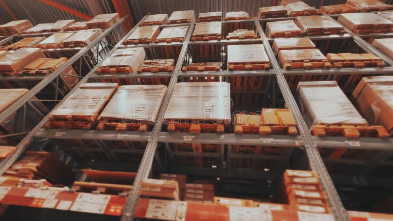 Wide View of Stacked Pallets and Boxes in a Large Warehouse Storage ...