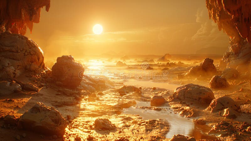 Wide View of Stone Desert at Sunrise in Light Haze of Sunlight Stock ...