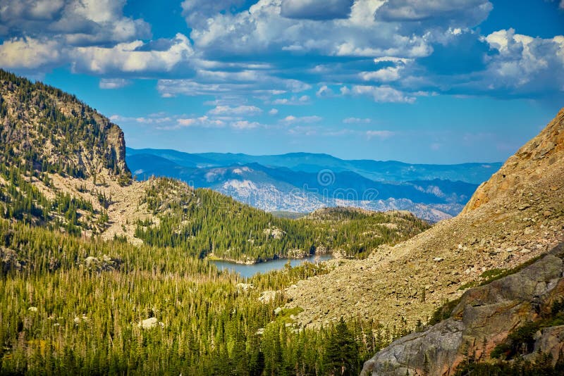 Wide View of Up in Mountains of Lake and Pine Tree Forest Stock Photo ...