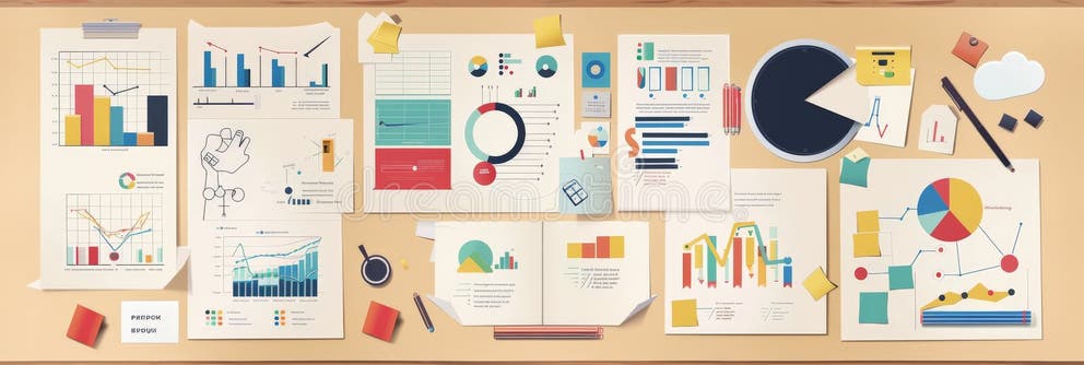 Wide View of Various Business Charts, Graphs, and Sticky Notes on a ...