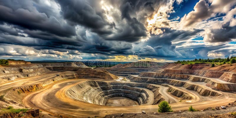 A Wide View of a Vast Mining Quarry Under a Dramatic Cloudy Sky AI ...