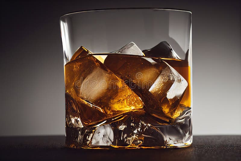 Wide Whiskey Glass Half Filled with Ice Cubes on Gray Background Stock ...
