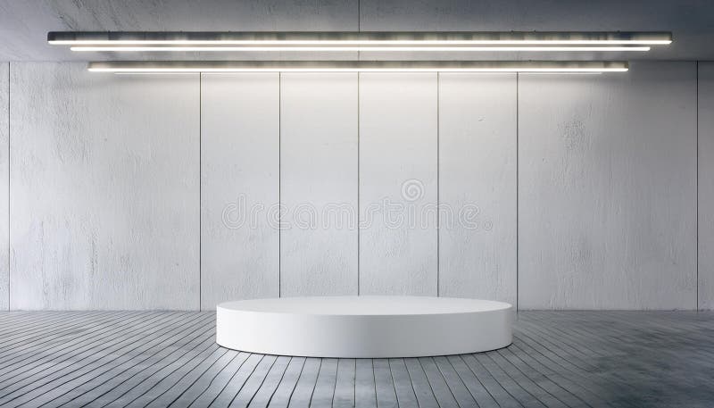 Wide White Concrete Interior with Podium and Linear Lamps on Wall. 3D ...