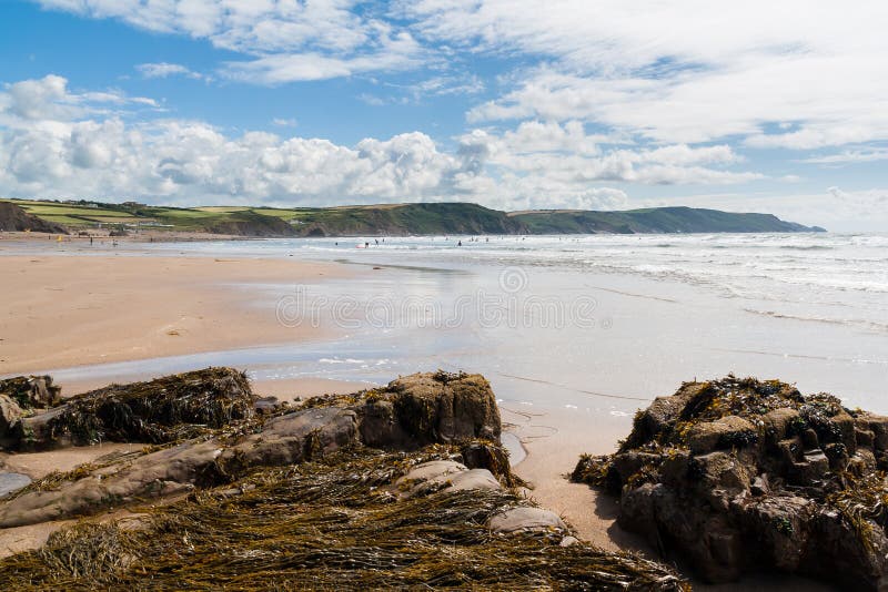 Widemouth Bay North Cornwall Coast Stock Image - Image of surfers ...