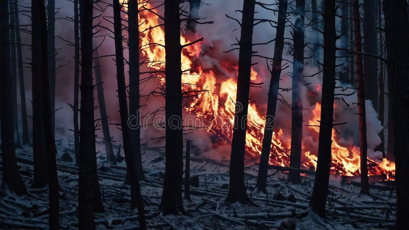 Wide View Blazing Forest Orange Flames Smoke Trees Shows Devastation ...