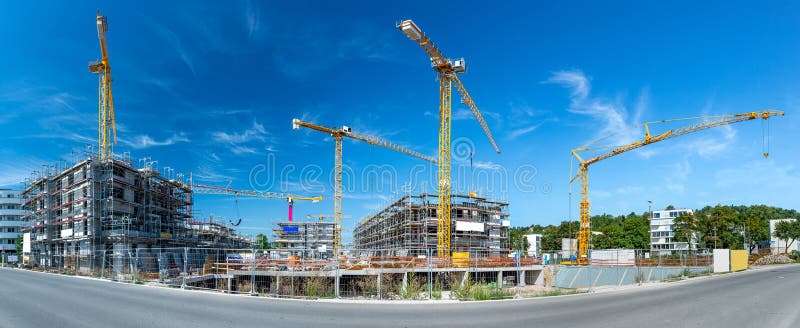 Widescreen Panorama Shot of Large Construction Site with Cranes and ...