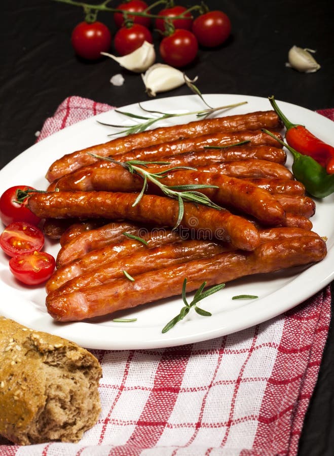 Wiener Sausages on White Plate. Stock Photo - Image of grill, garlic ...