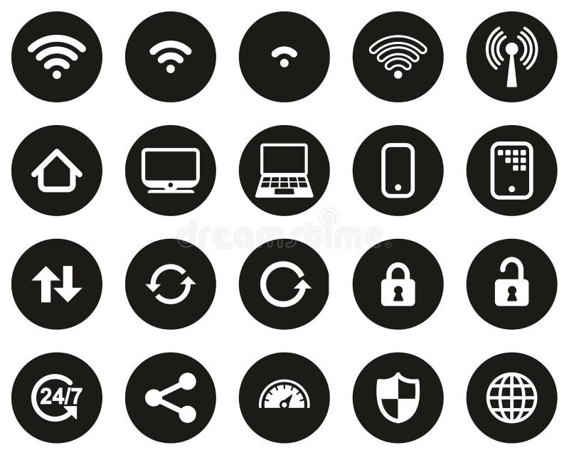 Wifi Connection Icons White on Black Flat Design Circle Set Big Stock ...