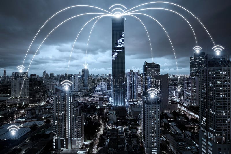 Wifi Network Connection in City Center Business District. Stock Photo ...