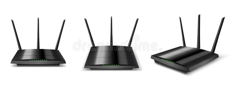 Wifi Router Front, Top and Angle View Mockup, Black Realistic Home ...