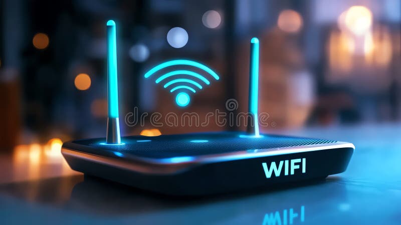 WiFi Router with Glowing Antennas Emitting Signals in a Modern Setting ... WiFi Router with Glowing Antennas Emitting Signals in a Modern Setting ...
