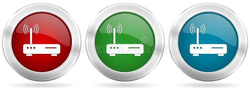 Wifi, Router Vector Icon Set. Red, Blue and Green Silver Metallic Web ...