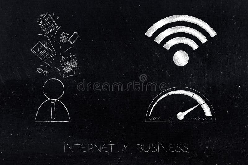 Wifi and Speedometer Icons Next To Businessman with Office Objects ... Wifi and Speedometer Icons Next To Businessman with Office Objects ...