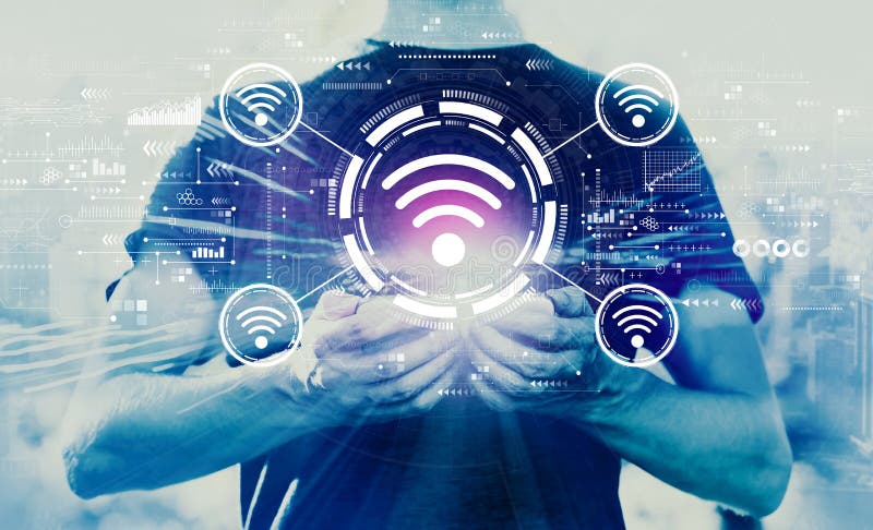Wifi Theme with Man Holding Smartphone Stock Photo - Image of network ...