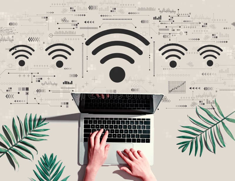 Wifi Theme with Person Using a Laptop Stock Image - Image of hand ...