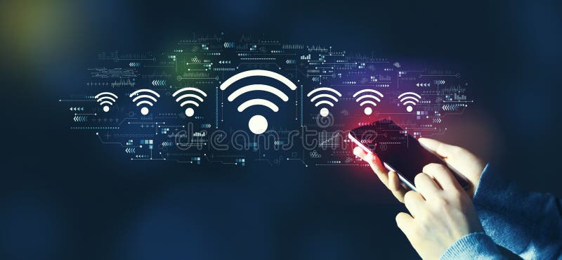 Wifi Theme with Person Using Smartphone Stock Image - Image of online ...