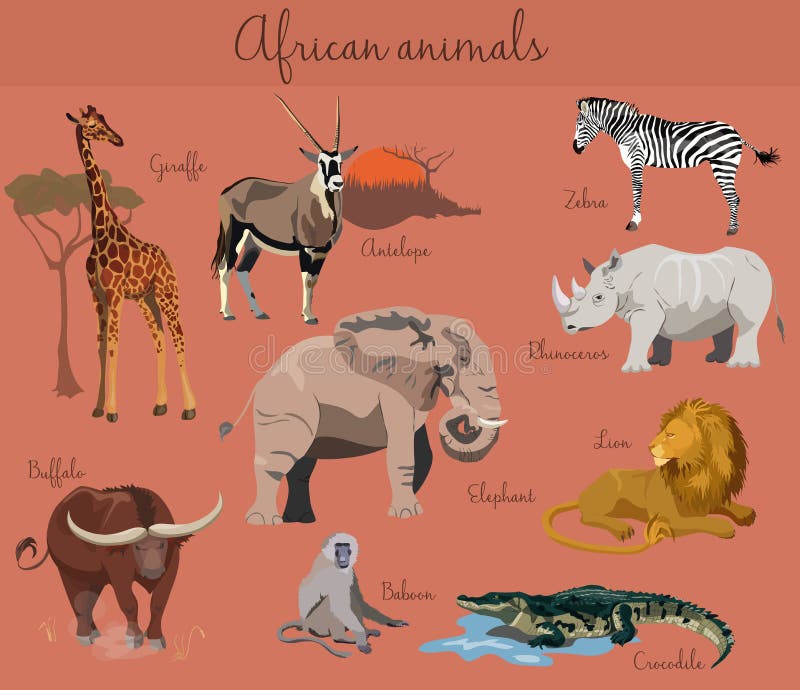 Wild African Animals Set with Nature Elements. Stock Vector ...