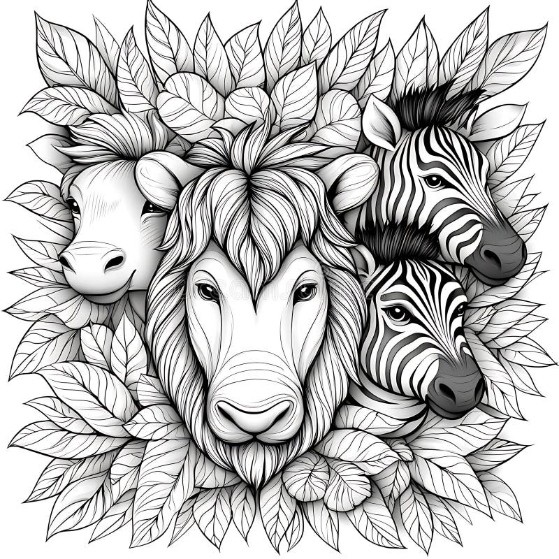 Wild Animals Coloring Page for Creative Expression Stock Illustration ...