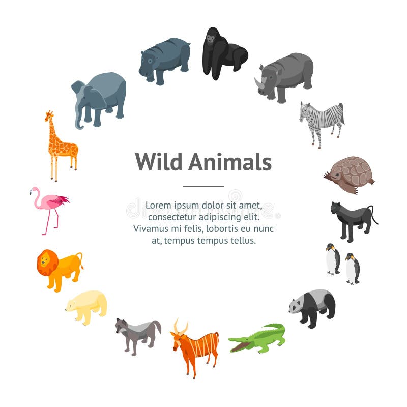 Wild Animals 3d Banner Card Circle Isometric View. Vector Stock Vector ...