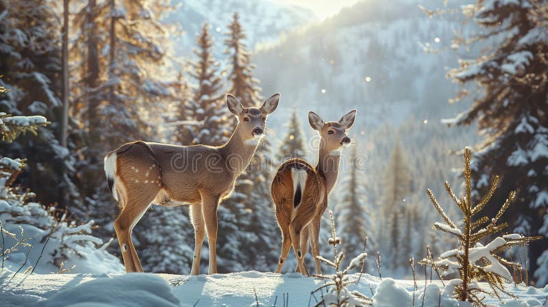 Wild Animals Deer and Doe, Forest, Snowy Pine Trees, Mountain ...