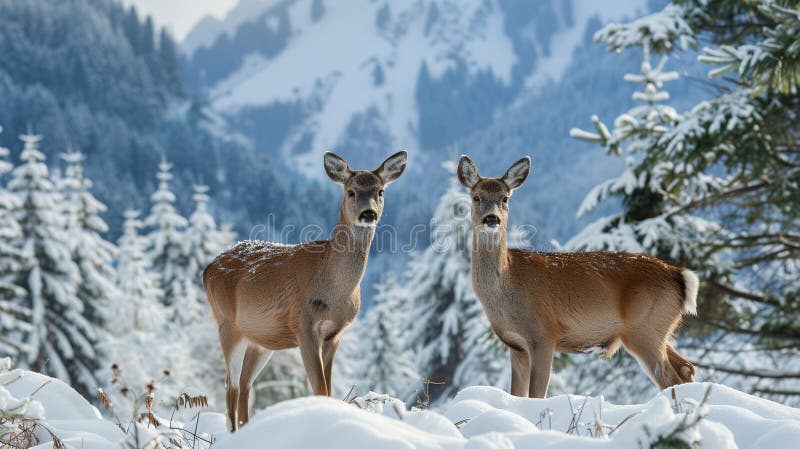 Wild Animals Deer and Doe, Forest, Snowy Pine Trees, Mountain ...