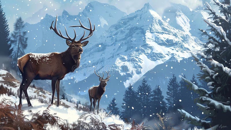 Wild Animals Deer and Doe, Forest, Snowy Pine Trees, Mountain ...