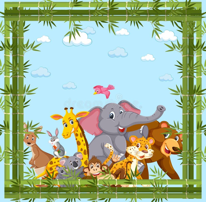 Wild Animals Group with Bamboo Frame Stock Vector - Illustration of ...
