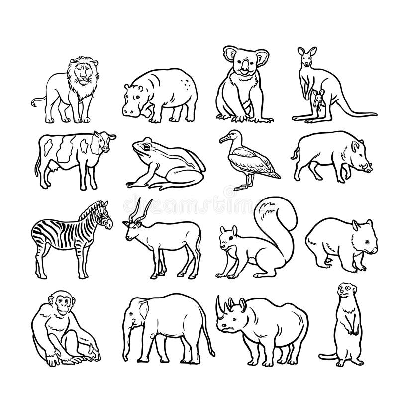 Wild Animals Line Art Vector Illustration on White Background Stock ...