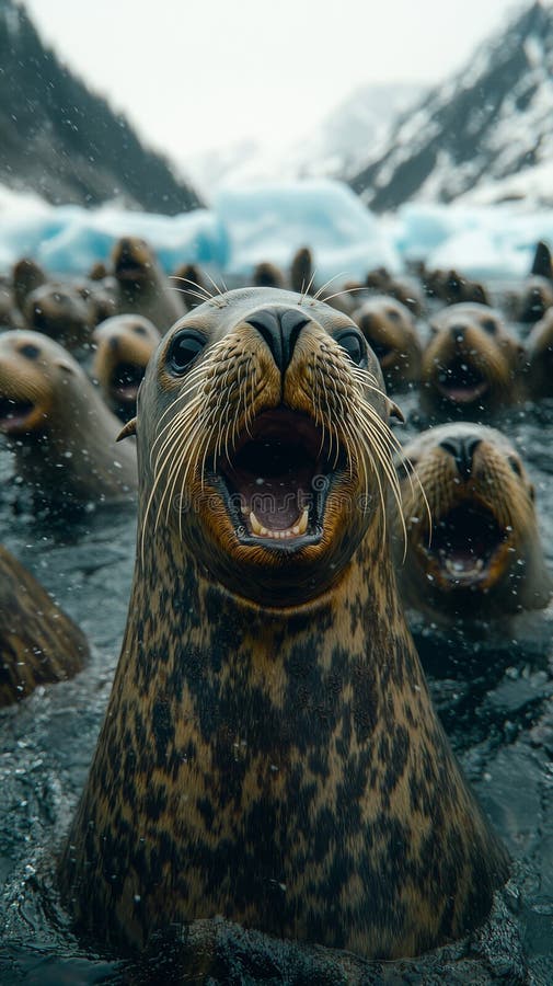 Wild Animals and Nature Concept: Spotted Seals on Ice in the Arctic ...
