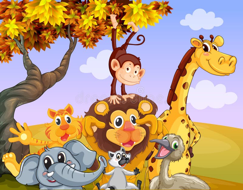 Wild Animals Near the Big Tree Stock Vector - Illustration of monkey ...