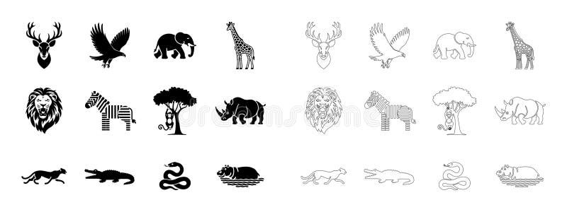 Wild Animals and Safari Icons Set. Editable Minimalist and Outline ...