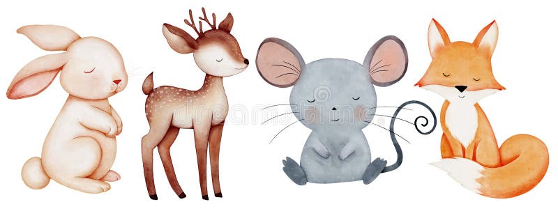 Wild Animals. Set of Wild Watercolor Animals. Fox, Deer, Mouse, Hare ...