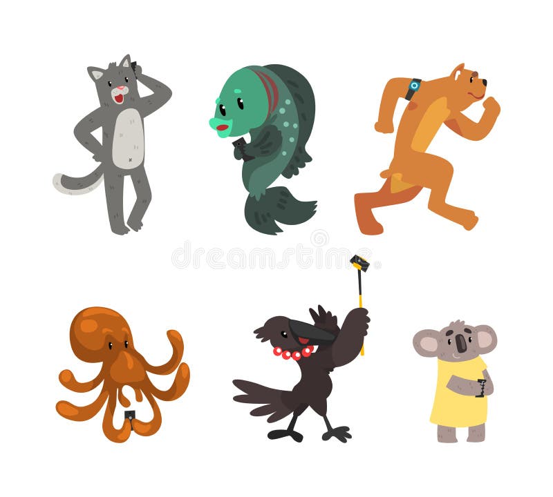 Wild Animals Using Modern Gadgets and Mobile Device Vector Set Stock ...