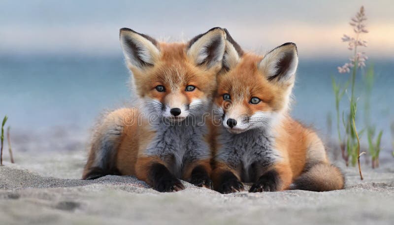 Wild Baby Red Foxes Cuddling at the Beach Stock Illustration ...