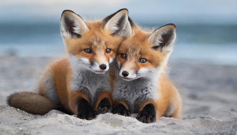 Wild Baby Red Foxes Cuddling at the Beach Stock Illustration ...