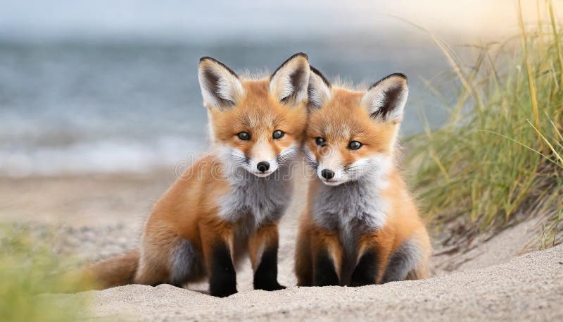 Wild Baby Red Foxes Cuddling at the Beach Stock Illustration - Illustration of small, together ...
