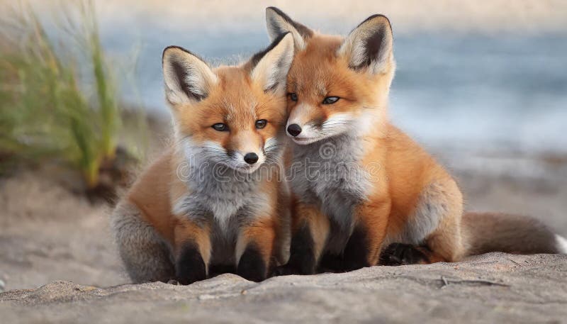 Wild Baby Red Foxes Cuddling at the Beach Stock Illustration ...